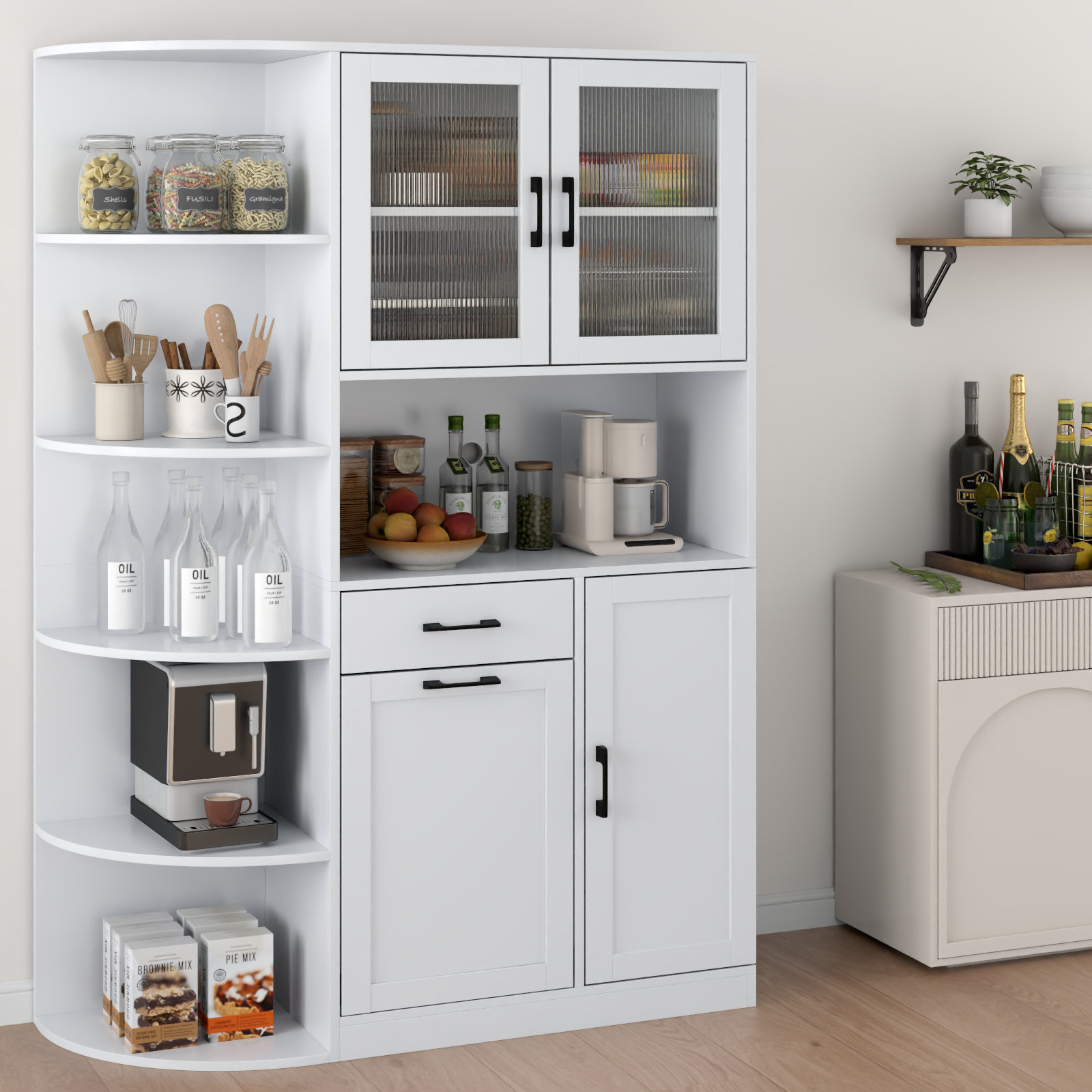 Latitude Run Mikiya Kitchen Pantry Cabinet w Tilt Out Trash Storage 5 Tier Side Shelves Freestanding Huntch w Glass Door Adjustable